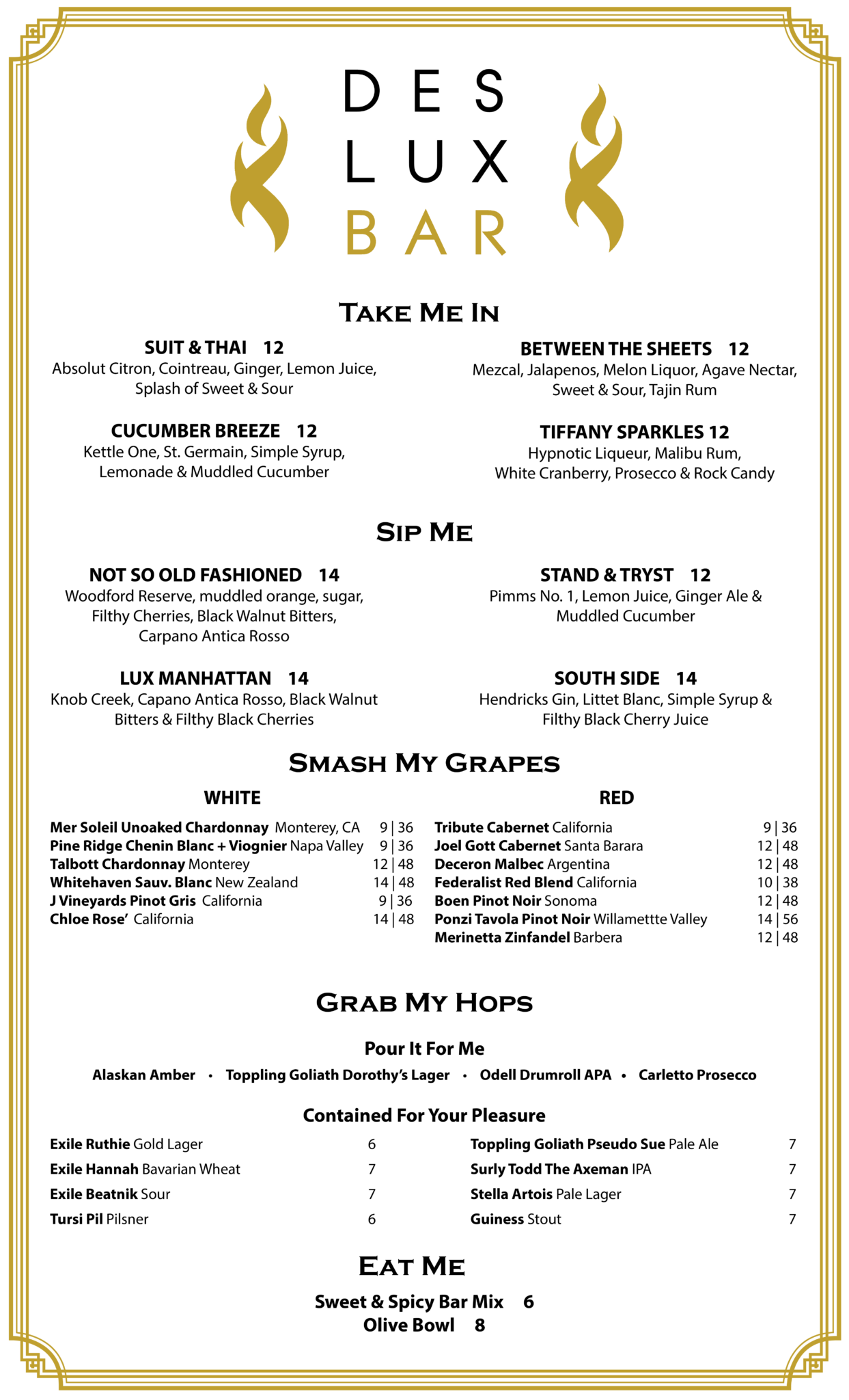 Bar Menu | Des Lux Hotel